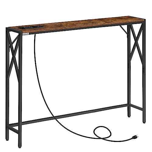 MAHANCRIS Sofa Table with Charging Station, 39.4” Console Table, Narrow Entryway Table, Slim Hallway Table, Retro Couch Table, for Entrance, Foyer, Living Room, Hallway, Rustic Brown CTHR151E01