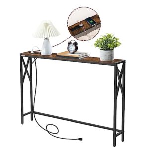 MAHANCRIS Sofa Table with Charging Station, 39.4” Console Table, Narrow Entryway Table, Slim Hallway Table, Retro Couch Table, for Entrance, Foyer, Living Room, Hallway, Rustic Brown CTHR151E01