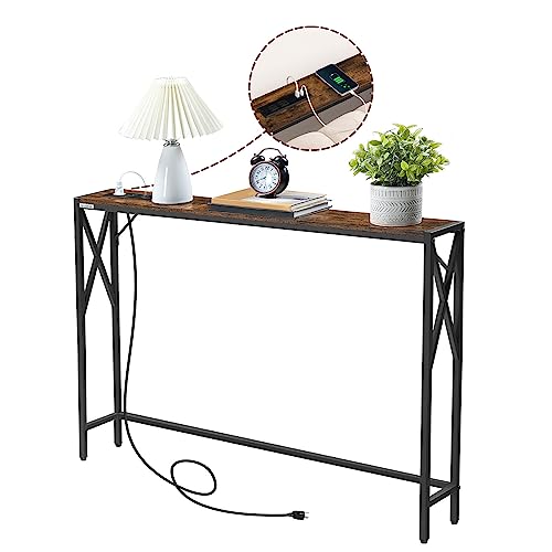 MAHANCRIS Sofa Table with Charging Station, 39.4” Console Table, Narrow Entryway Table, Slim Hallway Table, Retro Couch Table, for Entrance, Foyer, Living Room, Hallway, Rustic Brown CTHR151E01