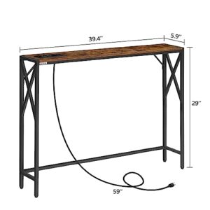 MAHANCRIS Sofa Table with Charging Station, 39.4” Console Table, Narrow Entryway Table, Slim Hallway Table, Retro Couch Table, for Entrance, Foyer, Living Room, Hallway, Rustic Brown CTHR151E01