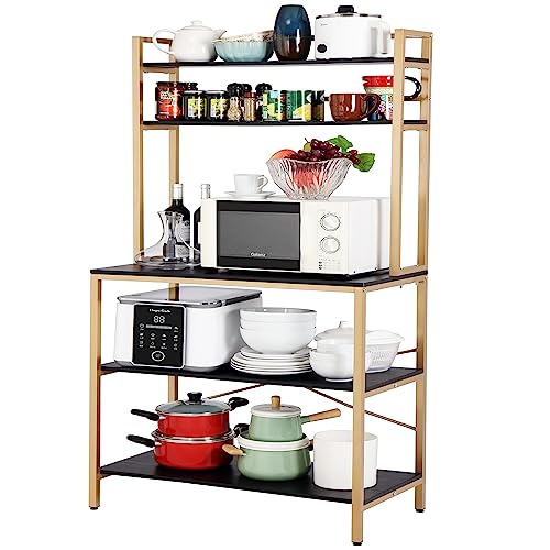 Finnhomy Bakers Racks for Kitchens Storage with Hutch, Coffee Bar Cabinet, Modern 5 Tier Kitchen Shelf Freestanding Microwave Stand Rack for Kitchen/Living Room/Office/Pantry, Gold+Black