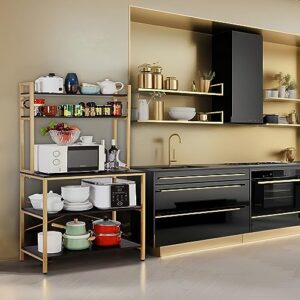 Finnhomy Bakers Racks for Kitchens Storage with Hutch, Coffee Bar Cabinet, Modern 5 Tier Kitchen Shelf Freestanding Microwave Stand Rack for Kitchen/Living Room/Office/Pantry, Gold+Black