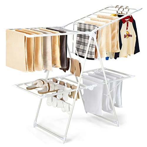 COSTWAY Clothes Drying Rack, 2-Tier Folding Dryer Racks w/Height-Adjustable Wings, 28 Drying Rails, No Assembly, Collapsible Laundry Hanger for Indoor & Outdoor Use, White