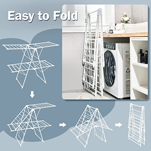 COSTWAY Clothes Drying Rack, 2-Tier Folding Dryer Racks w/Height-Adjustable Wings, 28 Drying Rails, No Assembly, Collapsible Laundry Hanger for Indoor & Outdoor Use, White