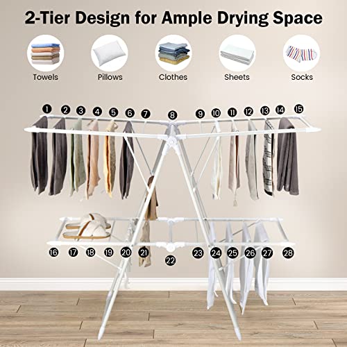 COSTWAY Clothes Drying Rack, 2-Tier Folding Dryer Racks w/Height-Adjustable Wings, 28 Drying Rails, No Assembly, Collapsible Laundry Hanger for Indoor & Outdoor Use, White