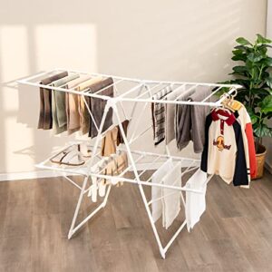 COSTWAY Clothes Drying Rack, 2-Tier Folding Dryer Racks w/Height-Adjustable Wings, 28 Drying Rails, No Assembly, Collapsible Laundry Hanger for Indoor & Outdoor Use, White