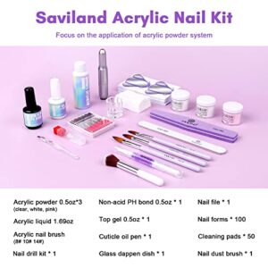 Saviland Acrylic Nail Kit with Drill - Clear White Pink Acrylic Powder and Liquid Set Acrylic Nail Brush Nail Drill Kit PH Bond Top Gel Acrylic Nail Tools for Beginners DIY Acrylic Nail Extension