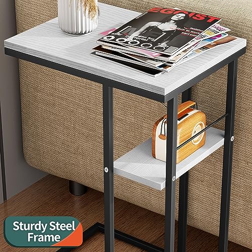 QZIXB C Shaped End Table, Side Table for Sofa Couch and Bed, Small Side Table with Metal Frame for Small Spaces, Living Room, Bedroom, Snack Table (White)