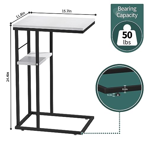 QZIXB C Shaped End Table, Side Table for Sofa Couch and Bed, Small Side Table with Metal Frame for Small Spaces, Living Room, Bedroom, Snack Table (White)