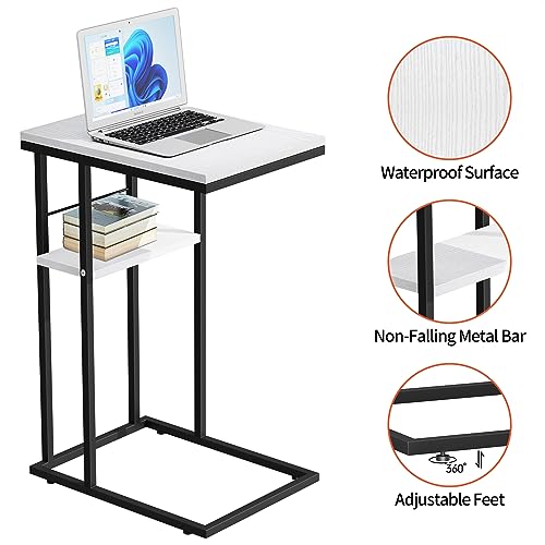 QZIXB C Shaped End Table, Side Table for Sofa Couch and Bed, Small Side Table with Metal Frame for Small Spaces, Living Room, Bedroom, Snack Table (White)