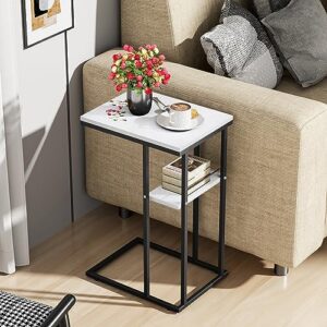 QZIXB C Shaped End Table, Side Table for Sofa Couch and Bed, Small Side Table with Metal Frame for Small Spaces, Living Room, Bedroom, Snack Table (White)