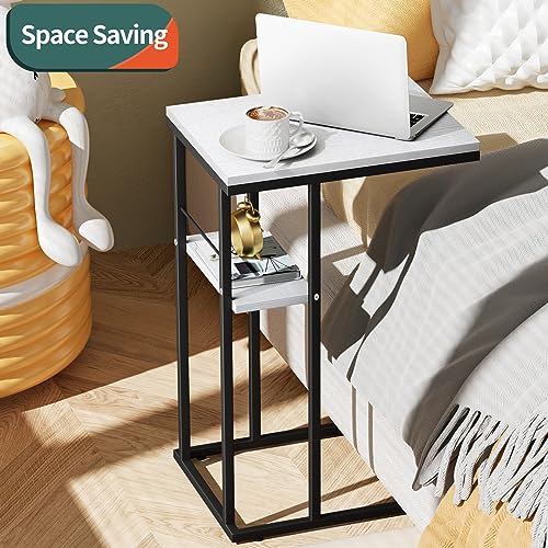 QZIXB C Shaped End Table, Side Table for Sofa Couch and Bed, Small Side Table with Metal Frame for Small Spaces, Living Room, Bedroom, Snack Table (White)