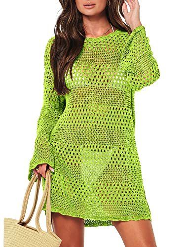 ANRABESS Women Swimsuit Crochet Swim Cover Up Summer Bathing Suit Swimwear Knit Pullover Beach Dress 958yingguanglv-L