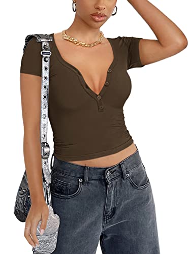 REORIA Women’s Summer Sexy Casual Henley V Neck Button Down Short Sleeve Going Out Y2K Ribbed Tshirts Crop Tops Coffee Large