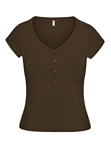 REORIA Women’s Summer Sexy Casual Henley V Neck Button Down Short Sleeve Going Out Y2K Ribbed Tshirts Crop Tops Coffee Large