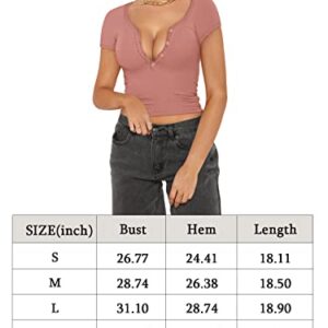 REORIA Women’s Summer Sexy Casual Henley V Neck Button Down Short Sleeve Going Out Y2K Ribbed Tshirts Crop Tops Coffee Large