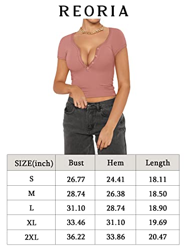 REORIA Women’s Summer Sexy Casual Henley V Neck Button Down Short Sleeve Going Out Y2K Ribbed Tshirts Crop Tops Coffee Large