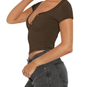 REORIA Women’s Summer Sexy Casual Henley V Neck Button Down Short Sleeve Going Out Y2K Ribbed Tshirts Crop Tops Coffee Large