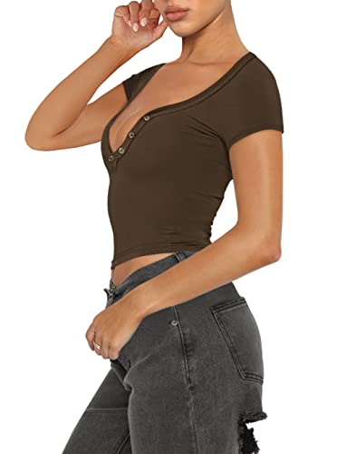 REORIA Women’s Summer Sexy Casual Henley V Neck Button Down Short Sleeve Going Out Y2K Ribbed Tshirts Crop Tops Coffee Large