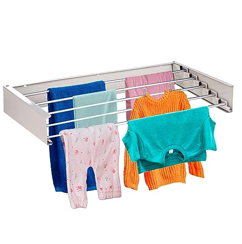 EWODE Clothes Drying Rack Wall Mounted, Collapsible Retractable Laundry Drying Rack, 60 lbs Capacity, 13,1 Linear Ft, 31,5" Width (White)