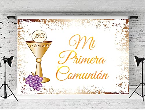 Holy Communion Party Backdrop Photograph Mi Primera Comunion Purple Grapes Background God Bless Decor Prop Photozone Photo Studio Banner Vinyl (7ft×5ft)