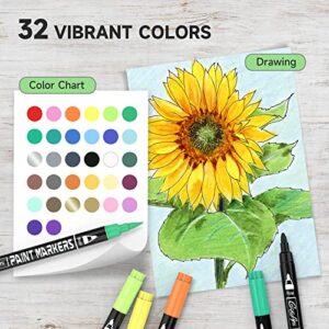 32 Colors Paint Markers, Dual Tip Acrylic Paint Pens for Wood, Canvas, Glass, Ceramic, Fabric,Rock Painting, DIY Crafts Making Art Supplies (Fine Tip and Brush Tip)