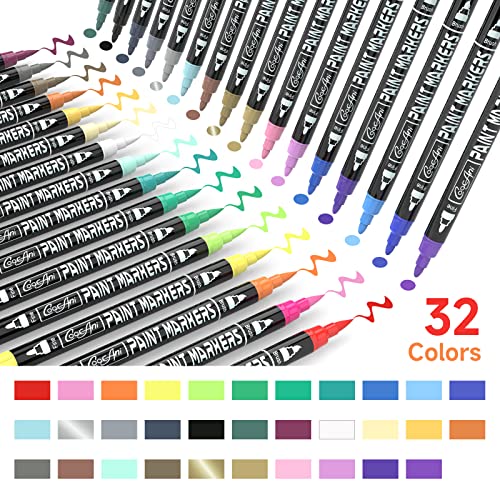 32 Colors Paint Markers, Dual Tip Acrylic Paint Pens for Wood, Canvas, Glass, Ceramic, Fabric,Rock Painting, DIY Crafts Making Art Supplies (Fine Tip and Brush Tip)