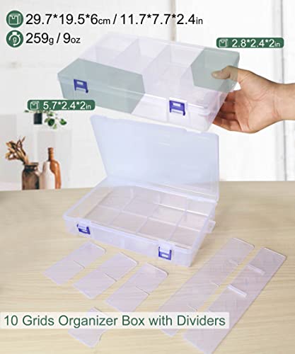 Uxwuy Plastic Organizer Box Craft Storage 10 Grids Box 2 Pack Compartment Organizer Box with Dividers Snackle Box Container Thread Organizer