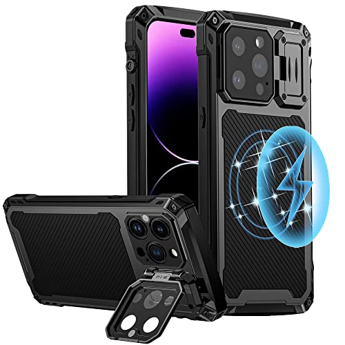 for iPhone 14 Pro Case Metal,with MagSafe [10FT Military-Grade Protection][Built-in Camera Ring Stand] [Built-in 9H Glass Camera Lens & Screen Protection] Protective Rugged Heavy Duty Case (Black)