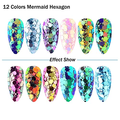 12 Grids Chameleon Nail Art Sequins Polygon Holographic Nail Supplies Bright Moving Nail Glitter Pattern Mermaid Nail Glitters Flakes Design 3D DIY Acrylic Nails for Women Manicure Powder Decorations