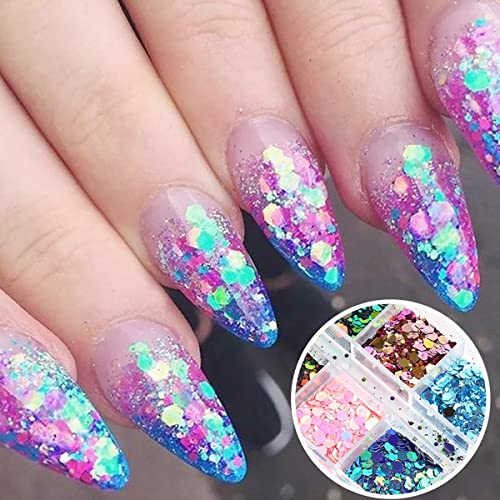 12 Grids Chameleon Nail Art Sequins Polygon Holographic Nail Supplies Bright Moving Nail Glitter Pattern Mermaid Nail Glitters Flakes Design 3D DIY Acrylic Nails for Women Manicure Powder Decorations