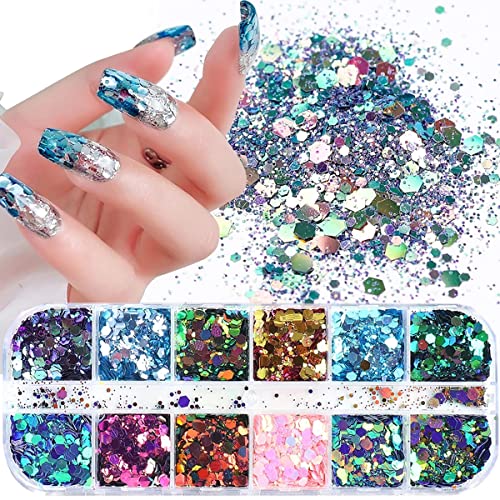 12 Grids Chameleon Nail Art Sequins Polygon Holographic Nail Supplies Bright Moving Nail Glitter Pattern Mermaid Nail Glitters Flakes Design 3D DIY Acrylic Nails for Women Manicure Powder Decorations