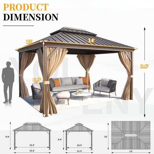 YOLENY 12'x14' Hardtop Gazebo with Double Galvanized Steel Roof, Pergolas Aluminum Frame, Curtains and Netting Included, Metal Outdoor Gazebos for Patios, Garden, Lawns, Parties