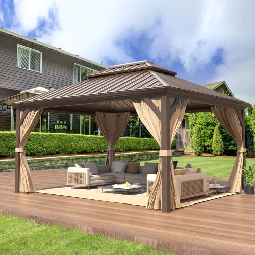 MELLCOM 12' x 14' Hardtop Gazebo, Brown Permanent Pavilion Gazebo with Curtains and Netting, Galvanized Steel Metal Double Roof Aluminum Gazebo with Aluminum Frame for Patio, Lawn & Garden