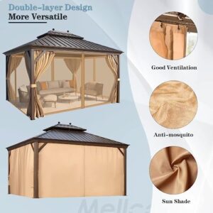 MELLCOM 12' x 14' Hardtop Gazebo, Brown Permanent Pavilion Gazebo with Curtains and Netting, Galvanized Steel Metal Double Roof Aluminum Gazebo with Aluminum Frame for Patio, Lawn & Garden