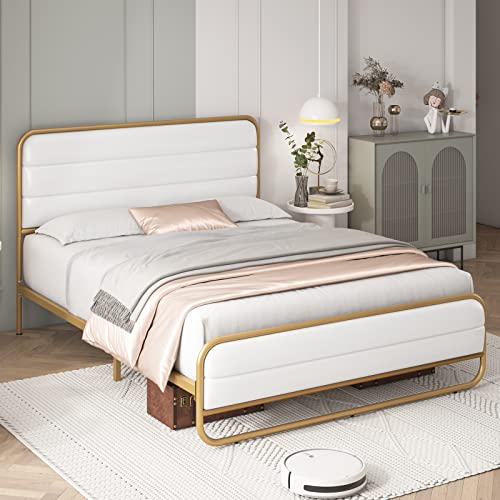 HITHOS Full Size Platform Bed Frame with Headboard and Footboard, PU Leather Upholstered Bed Frame with 10" Under-Bed Storage and Wooden Slats, Easy Assembly, No Box Spring Needed (White, Full)