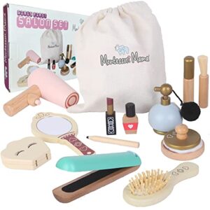 montessori mama makeup and salon set - wooden pretend play beauty play makeup kit with styling tools and cosmetics - pretend makeup for toddlers for 4 year old girl