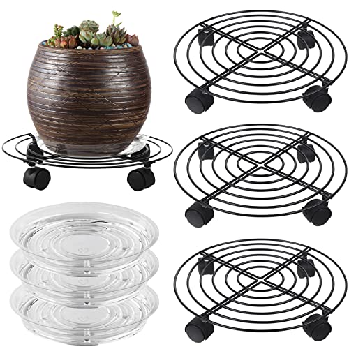 3 Packs Large Metal Plant Caddy 13” Plant Dolly with Wheels Heavy-Duty Wrought Iron Rolling Plant Stand with Casters for Indoor and Outdoor Plant Pot Rollers Black, Plastic Saucers Included