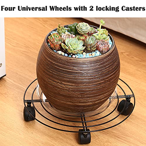 3 Packs Large Metal Plant Caddy 13” Plant Dolly with Wheels Heavy-Duty Wrought Iron Rolling Plant Stand with Casters for Indoor and Outdoor Plant Pot Rollers Black, Plastic Saucers Included