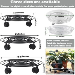 3 Packs Large Metal Plant Caddy 13” Plant Dolly with Wheels Heavy-Duty Wrought Iron Rolling Plant Stand with Casters for Indoor and Outdoor Plant Pot Rollers Black, Plastic Saucers Included