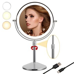 tushengtu 8" makeup mirror with lights and 10x magnifying led rechargeable, 360° rotating adjustment,vanity swivel mirror 3 colors (t840-c-10x)