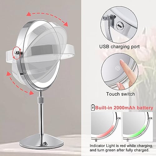 TUSHENGTU 8" Makeup Mirror with Lights and 10x Magnifying LED Rechargeable, 360° Rotating Adjustment,Vanity Swivel Mirror 3 Colors (T840-C-10X)