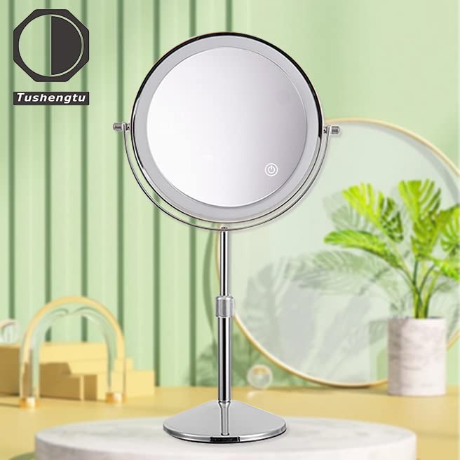 TUSHENGTU 8" Makeup Mirror with Lights and 10x Magnifying LED Rechargeable, 360° Rotating Adjustment,Vanity Swivel Mirror 3 Colors (T840-C-10X)