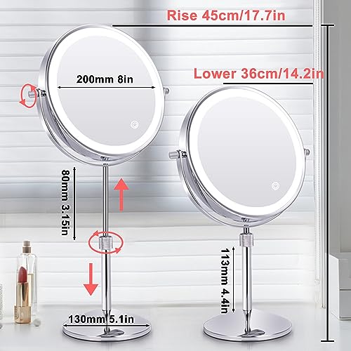 TUSHENGTU 8" Makeup Mirror with Lights and 10x Magnifying LED Rechargeable, 360° Rotating Adjustment,Vanity Swivel Mirror 3 Colors (T840-C-10X)