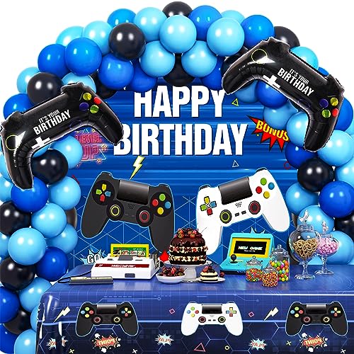 RUBFAC 69pcs Video Game Birthday Party Decorations Set Gaming Happy Birthday Supplies Includes Happy Birthday Banner Backdrop, Table Covers, Balloons and Foil Gamer Balloons for Birthday Party