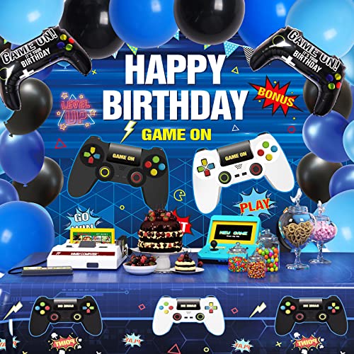 RUBFAC 69pcs Video Game Birthday Party Decorations Set Gaming Happy Birthday Supplies Includes Happy Birthday Banner Backdrop, Table Covers, Balloons and Foil Gamer Balloons for Birthday Party