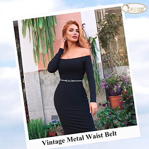 JASGOOD Skinny Metal Waist Belt for Dress Fashion Silver Waistband Elastic Metal Chain Belt, B-Silver, Fit Waist 35”-39”