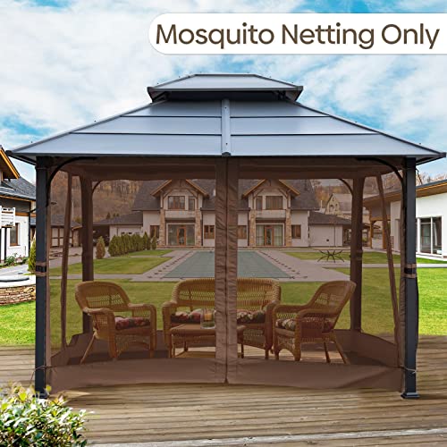 Akeacubo Patio Mosquito Netting for Gazebo 10'x12' - Outdoor Patio Netting Screen for Porch, Universal Replacement Mosquito Curtains with Zipper, Durable 4-Panel Mosquito Screen for Patio (Brown)