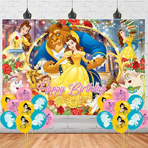 Beauty and The Beast Backdrop Birthday Banner for Princess Belle Birthday Party Supplies Princess Belle Photograph Background Photo Booth 5x3ft