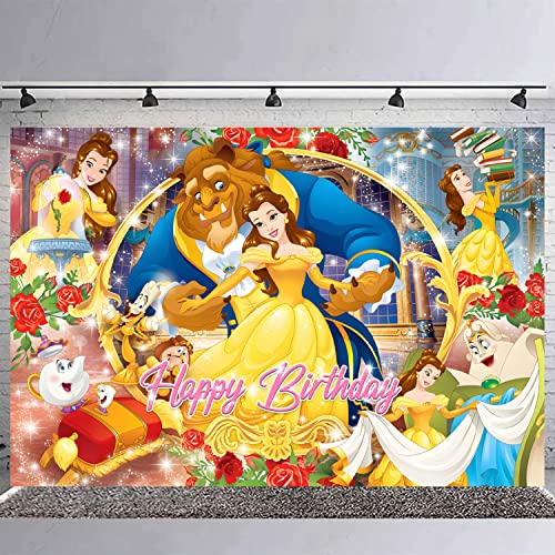 Beauty and The Beast Backdrop Birthday Banner for Princess Belle Birthday Party Supplies Princess Belle Photograph Background Photo Booth 5x3ft